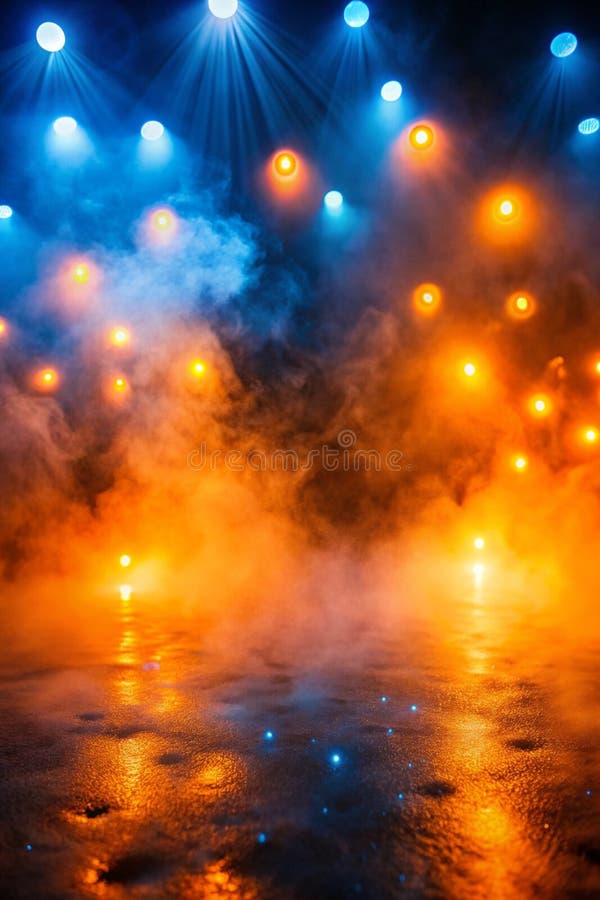 Orange and Blue Lights Shining through Fog Background Stock ...