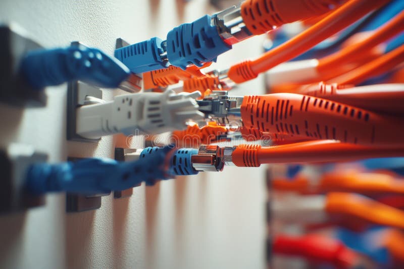 Orange and Blue Network Cables Connected To a Wall Mounted Network Hub ...