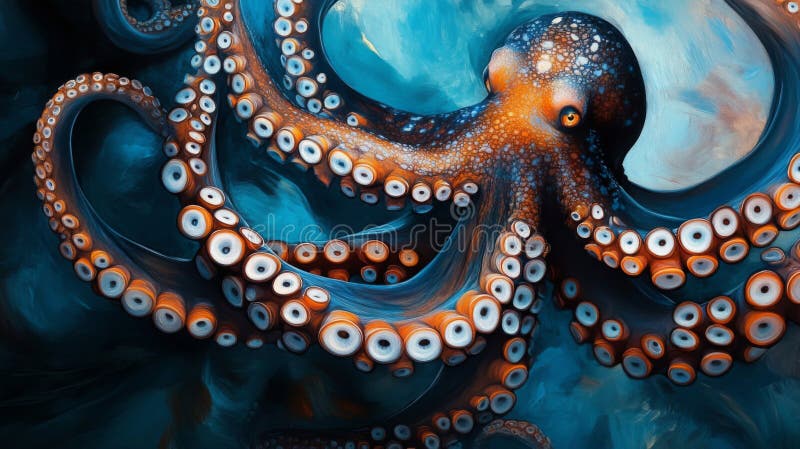 Orange and Blue Octopus in Dark Underwater Setting Stock Illustration ...