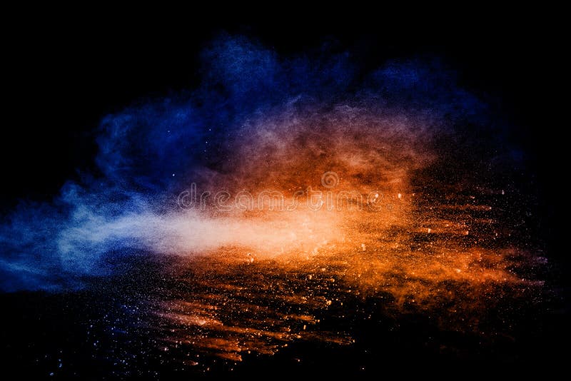 Orange Blue Powder Explosion on Black Background.Orange Blue Color Dust ...