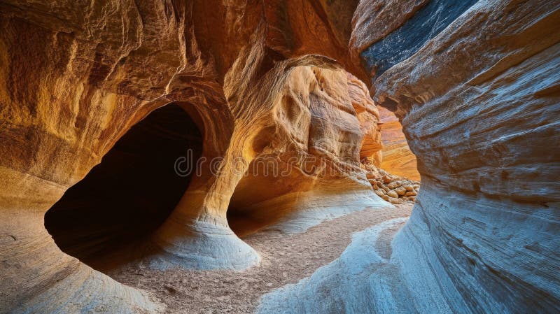 Orange and Blue Rock Formations in a Desert Canyon Stock Illustration ...