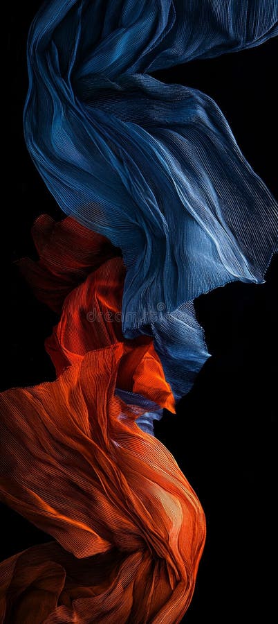 Orange and Blue Translucent Fabrics Flowing Gracefully Against a Dark Backdrop, Creating a ...