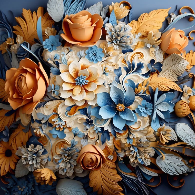 Orange, Blue and White Floral Digital Still Life Stock Illustration ...