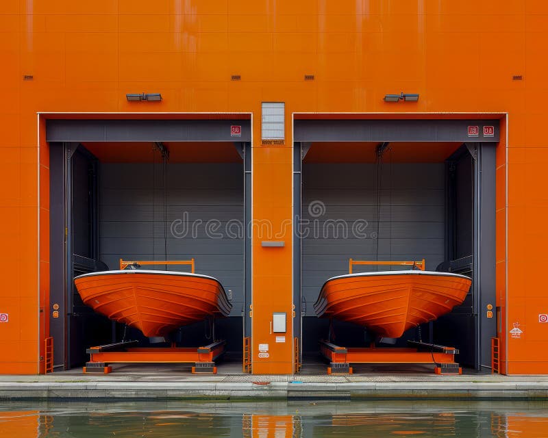 Orange Boats Docked in Double Space Inside a Bright Orange Facility ...