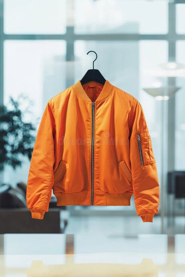 Orange Bomber Jacket Hanging on Black Hanger in Modern Office Stock ...
