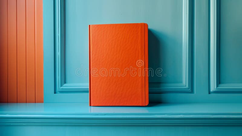 Orange Book with an Orange Cover on a Blue Shelf and Wall Backdrop ...