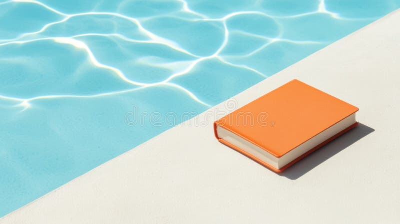 An Orange Book on a White Surface Next To a Pool. Stock Image - Image ...