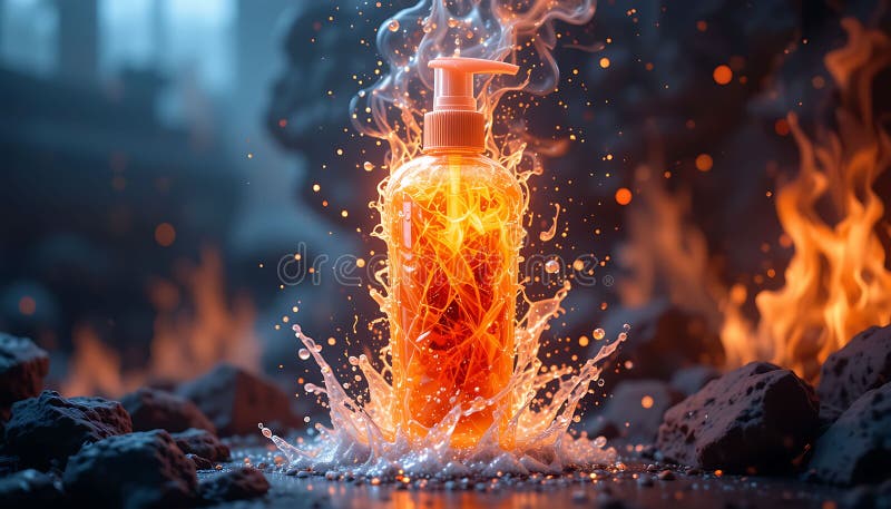 An Orange Bottle with a Pump Surrounded by Water Splashes and Fire in a ...