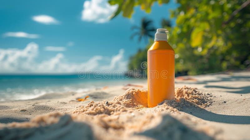 An Orange Bottle of Sunscreen in the Sand on the Beach with Ocean ...