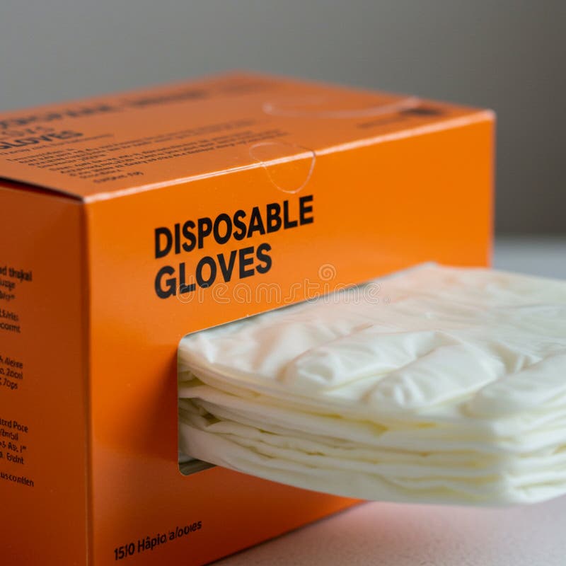 An Orange Box Labeled "DISPOSABLE GLOVES" with a Stack of White Gloves ...
