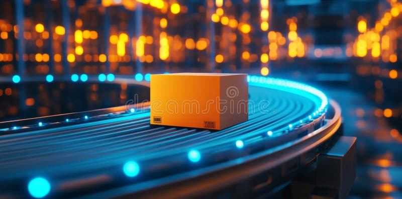 An Orange Box is Transported by a Conveyor Belt through a Warehouse ...