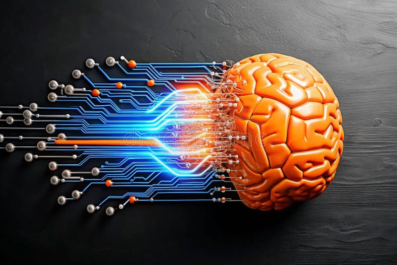 Orange Brain with Circuitry on Dark Background Stock Illustration ...