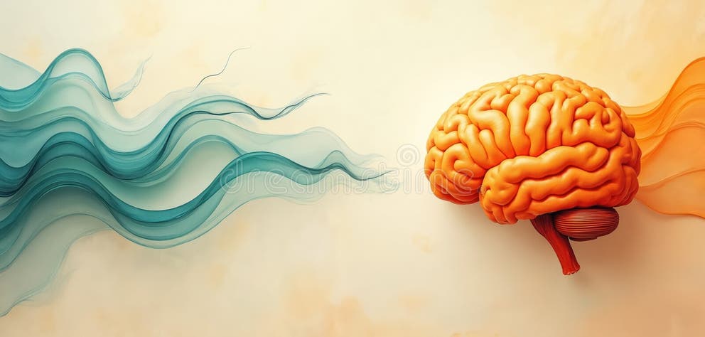 Orange Brain Graphic with Flowing Blue and Orange Waves. Abstract ...