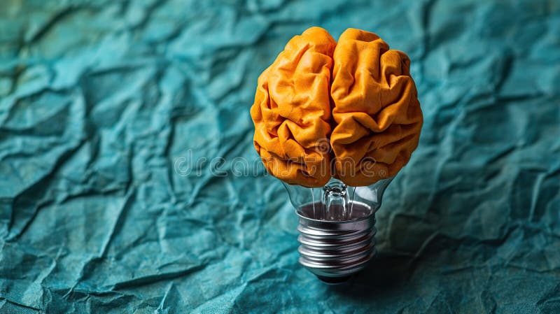Orange Brain in Lightbulb on Crumpled Paper Background Stock ...