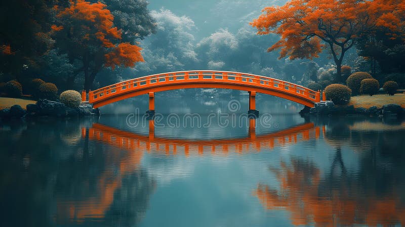 Orange Bridge Reflecting in Calm Water - Illustration Stock Illustration - Illustration of ...