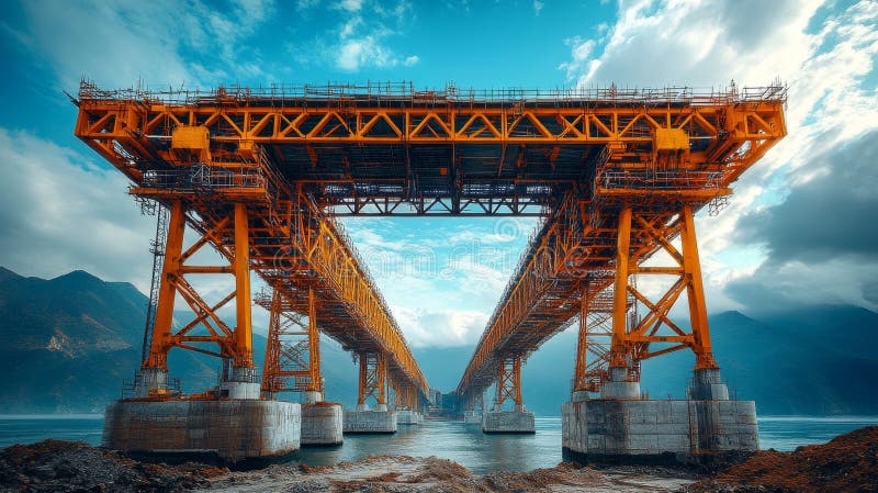 Orange Bridge Under Construction Over Water Stock Illustration ...