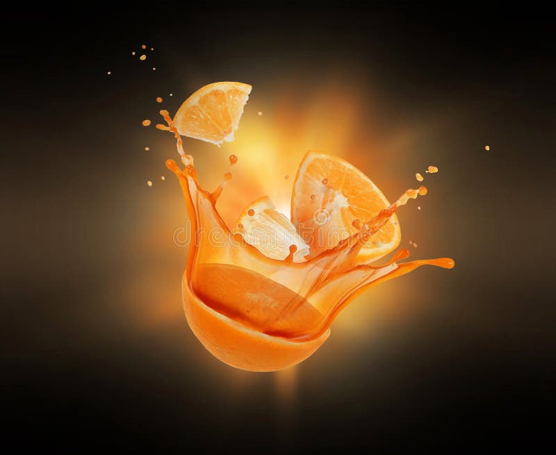Orange Broken into Pieces with Splashes of Juice in the Dark Stock ...
