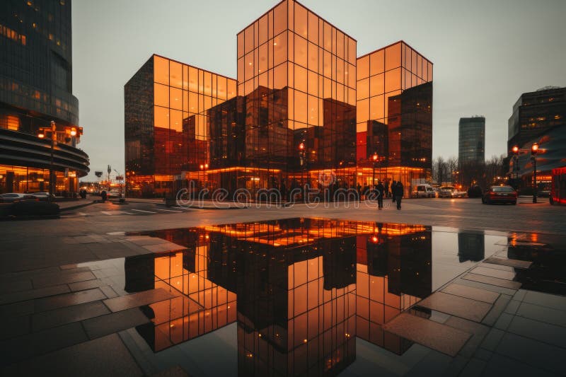 An Orange Building is Reflected in a Puddle of Water Stock Illustration ...