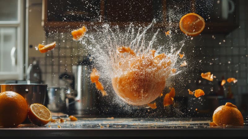 Orange Bursting into Juice Splash in a Dramatic Kitchen Setting Stock ...
