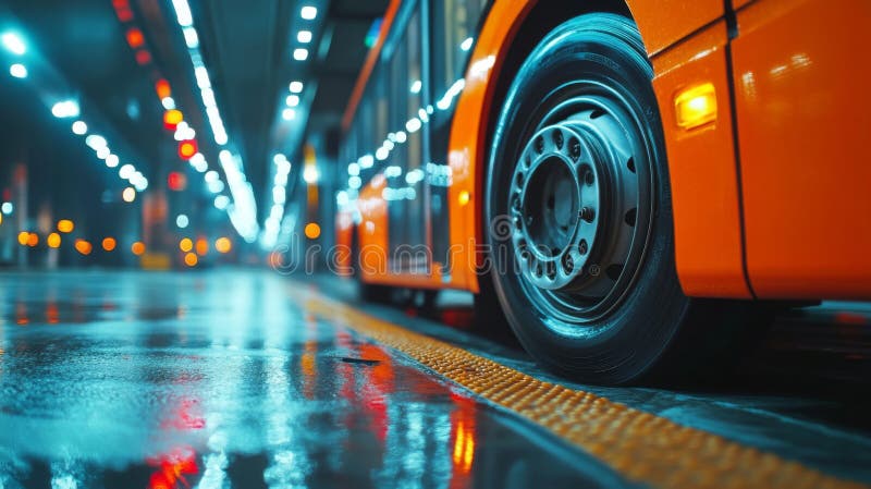 Orange Bus Wheel at Night in a Wet Tunnel Stock Illustration ...