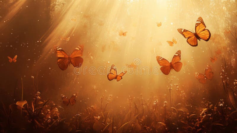 Orange Butterflies in Golden Light Field Stock Illustration ...