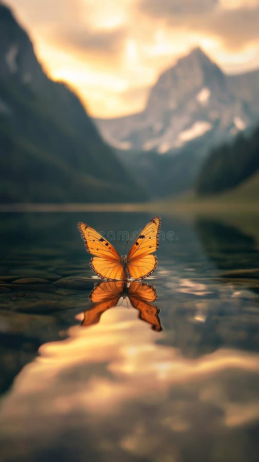 Orange Butterfly Resting on Reflective Water Surface at Sunset with ...