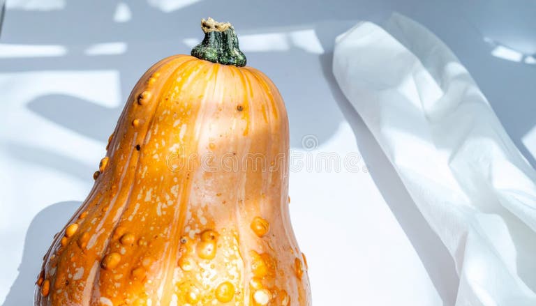 Orange Butternut Squash with Warty Texture on White Tablecloth ...