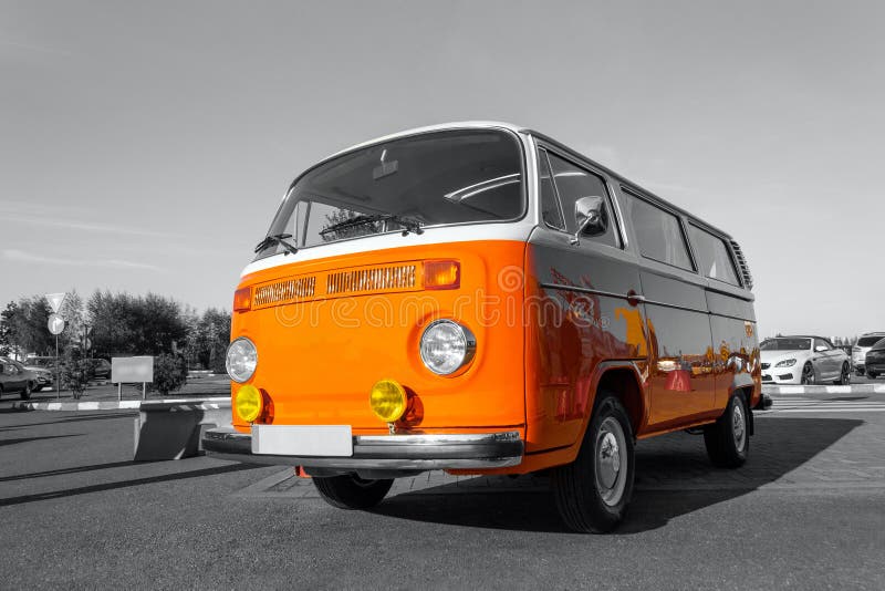 Oldtimer Orange Camper Van - Selective Color Isolation Stock Photo ...