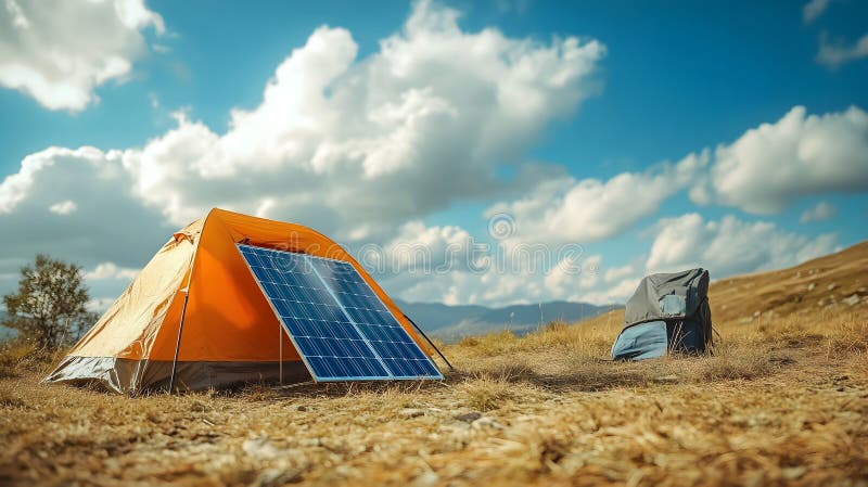 Orange Camping Tent with Solar Panel and Backpack in Dry Mountain ...