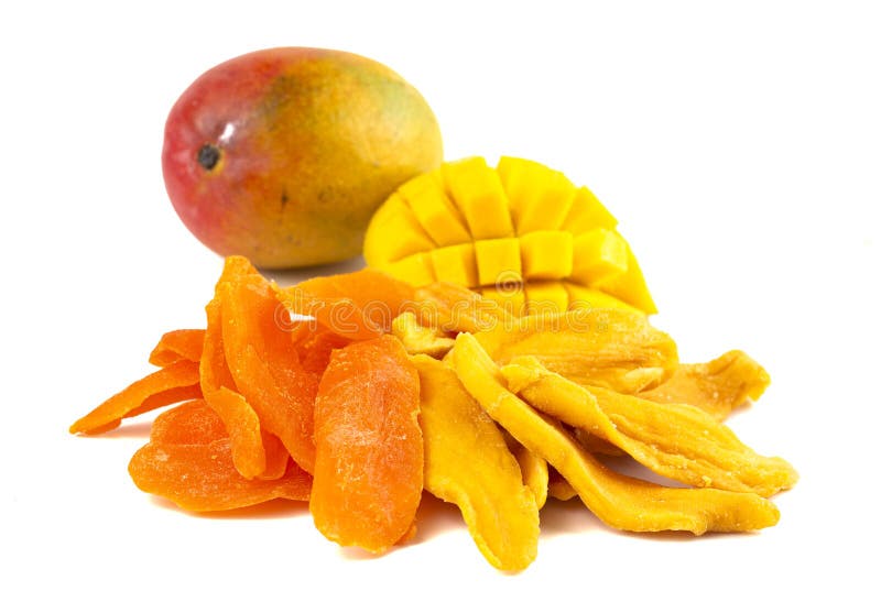 Orange Candied and Yellow Dehydrated Mango Strips Isolated on a White ...