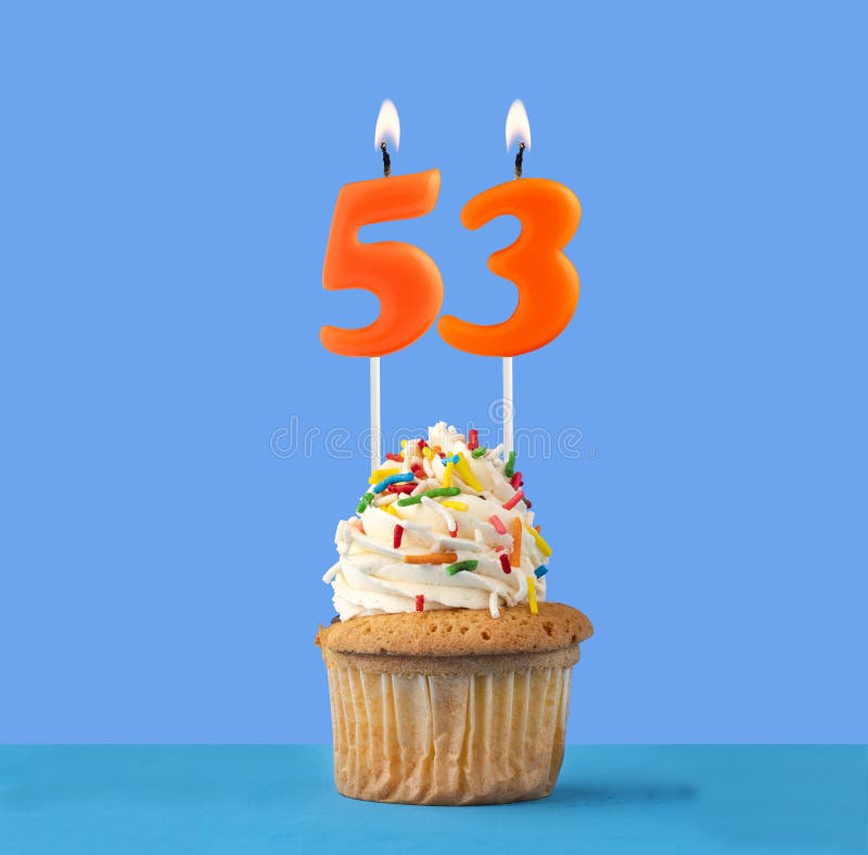 Orange Candle Number 53 - Birthday Cupcake on Blue Background Stock ...