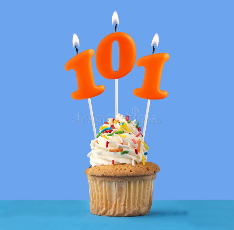 Orange Candle Number 101 - Birthday Cupcake on Blue Background Stock ...