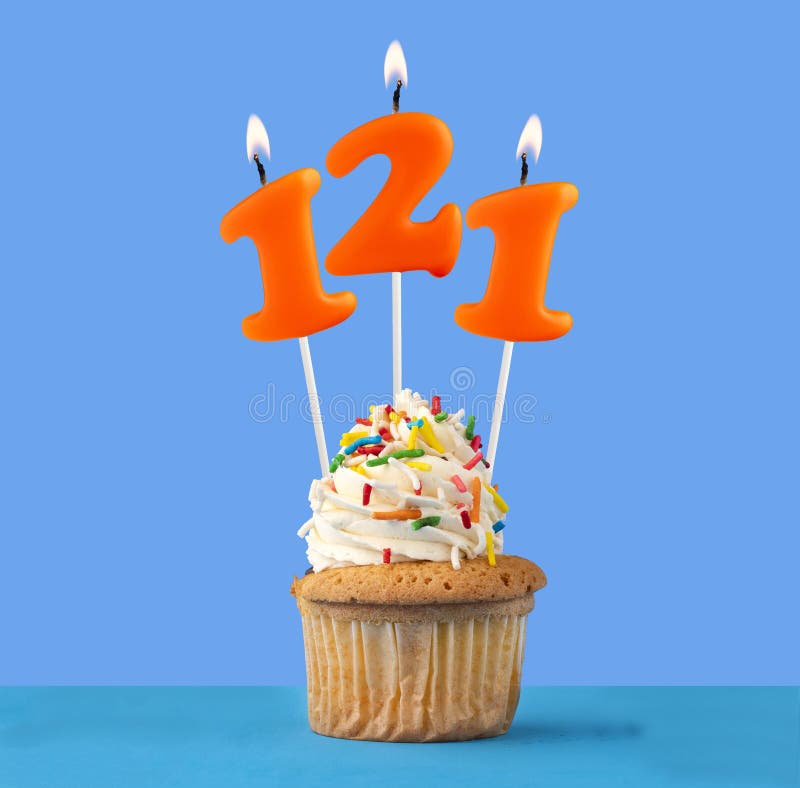 Orange Candle Number 121 - Birthday Cupcake on Blue Background Stock ...