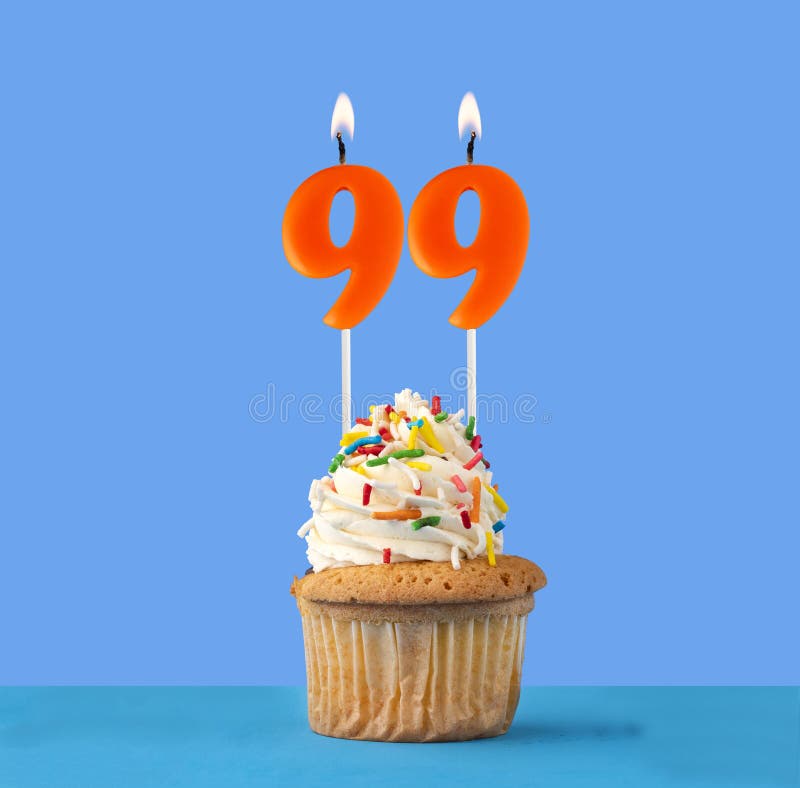 Orange Candle Number 99 - Birthday Cupcake on Blue Background Stock ...