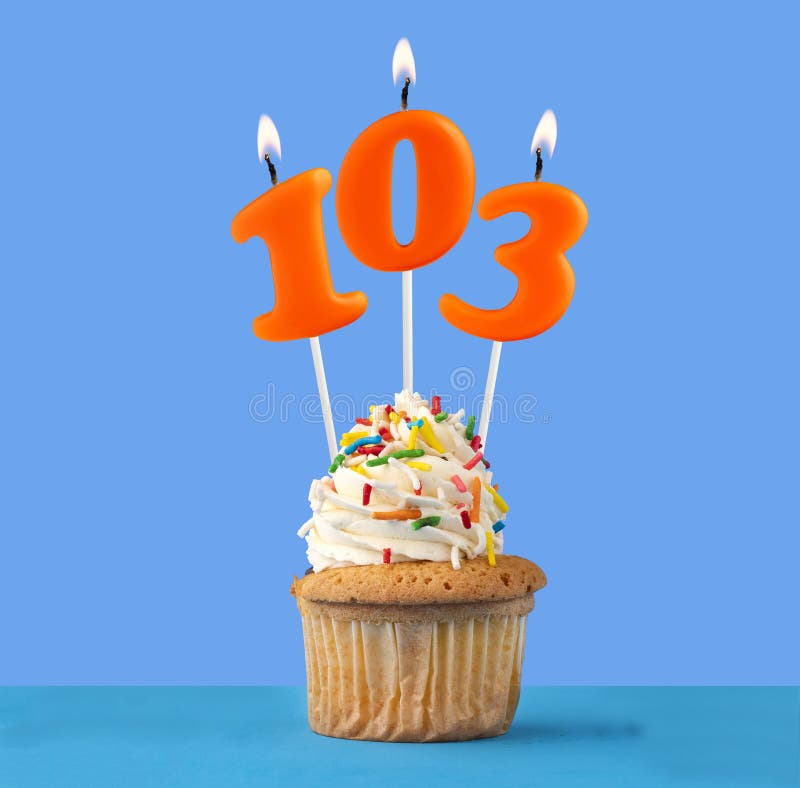 Orange Candle Number 103 - Birthday Cupcake on Blue Background Stock ...