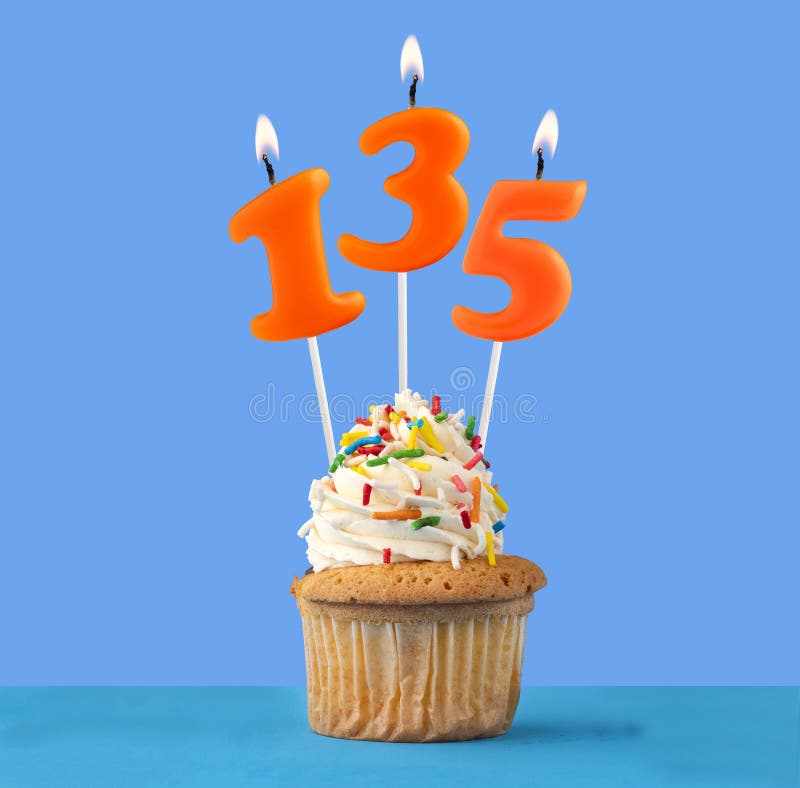 Orange Candle Number 135 - Birthday Cupcake on Blue Background Stock ...