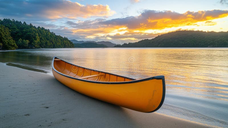 Orange Canoe on Sandy Beach at Sunset Stock Illustration - Illustration ...