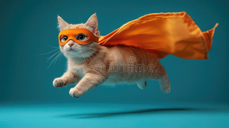 Orange-caped Cat Hero Flying with Mask Stock Photo - Image of paws ...