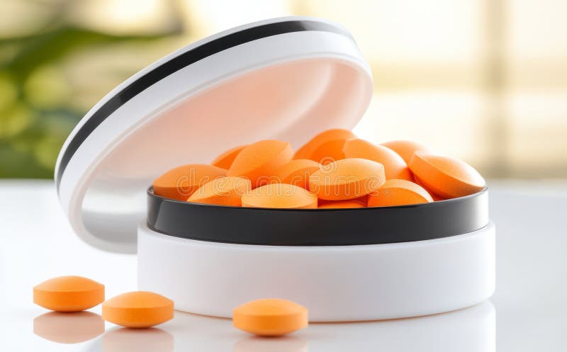 An Orange Capsule Container Placed on a Reflective Surface in a Well ...