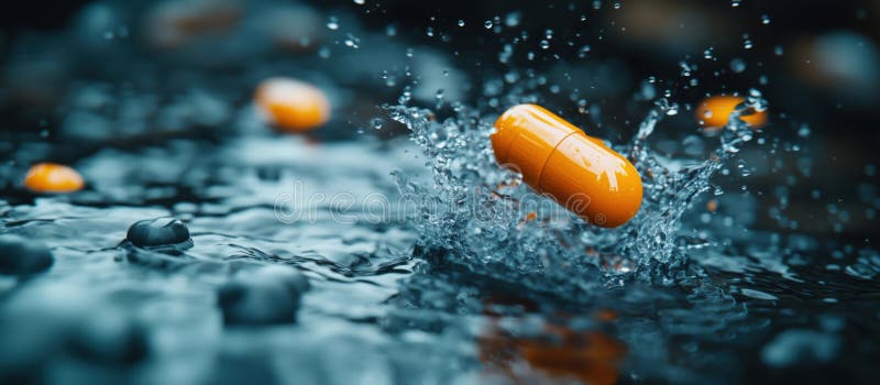 Orange Capsule Splashing into Water Creating Dynamic Ripples and ...