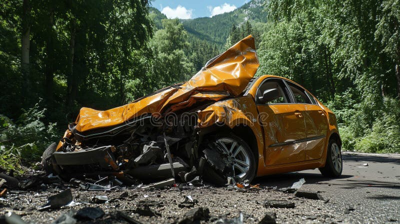 Orange Car Destroyed after Suffering a Road Accident in the Mountain ...