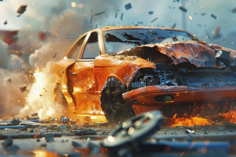Orange Car Exploding while Driving on Asphalt Road Stock Photo - Image ...