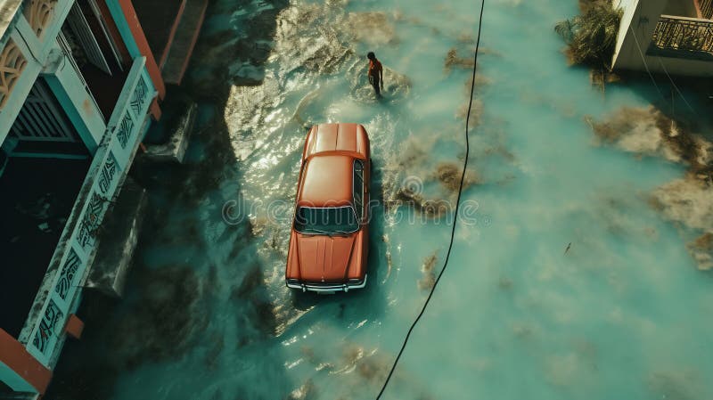 Orange Car Stuck in Flooded Street Stock Photo - Image of water ...