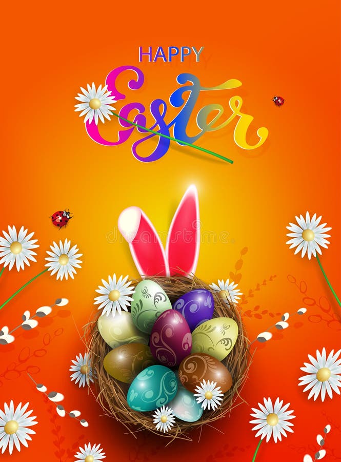 Orange Card with Easter Eggs in a Nest, Bunny Ears Stock Vector ...