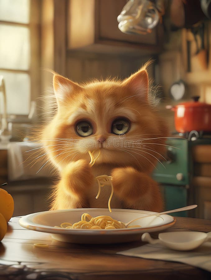 Orange Cartoon Cat is Enjoying a Meal of Spaghetti Pasta on a Plate ...