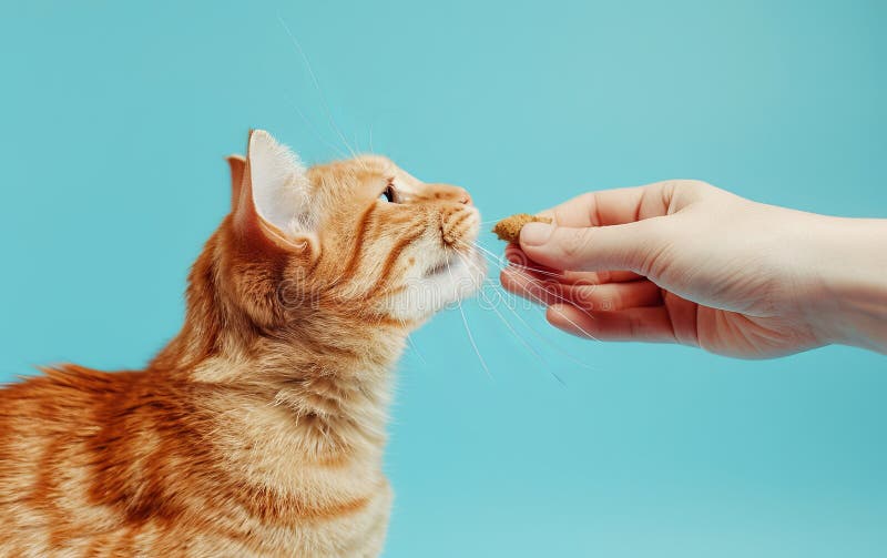 Orange Cat Being Hand-Fed Against a Light Blue Background during the ...