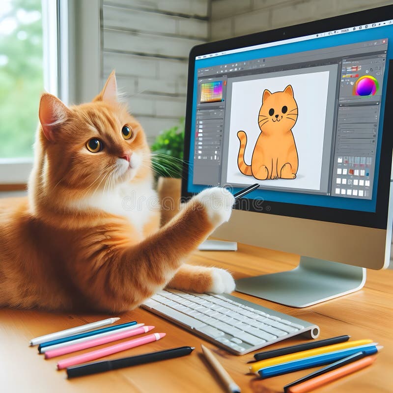 Orange Cat Drawing Cartoon Cat on the Computer Screen Amusingly ...