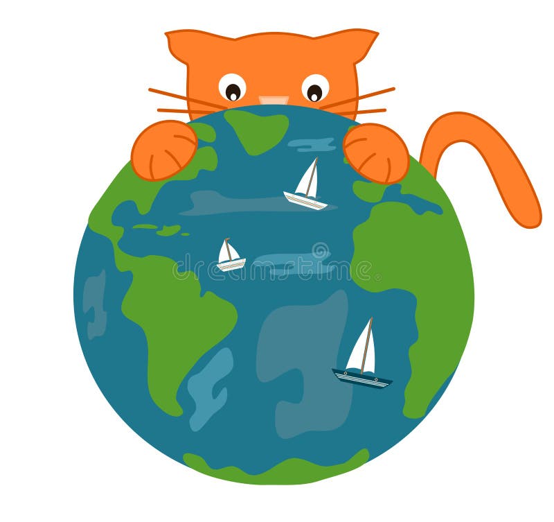 The Orange Cat and the Earth Funny Cute Cartoon Illustration Stock ...