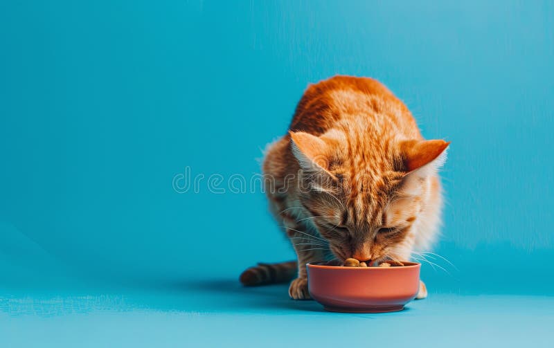 Orange Cat Eating from Bowl Against Clean Blue Background Stock ...