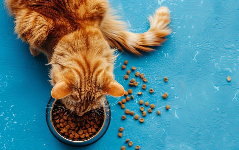 Orange Cat Eating from Bowl on a Blue Surface in Daylight Stock ...